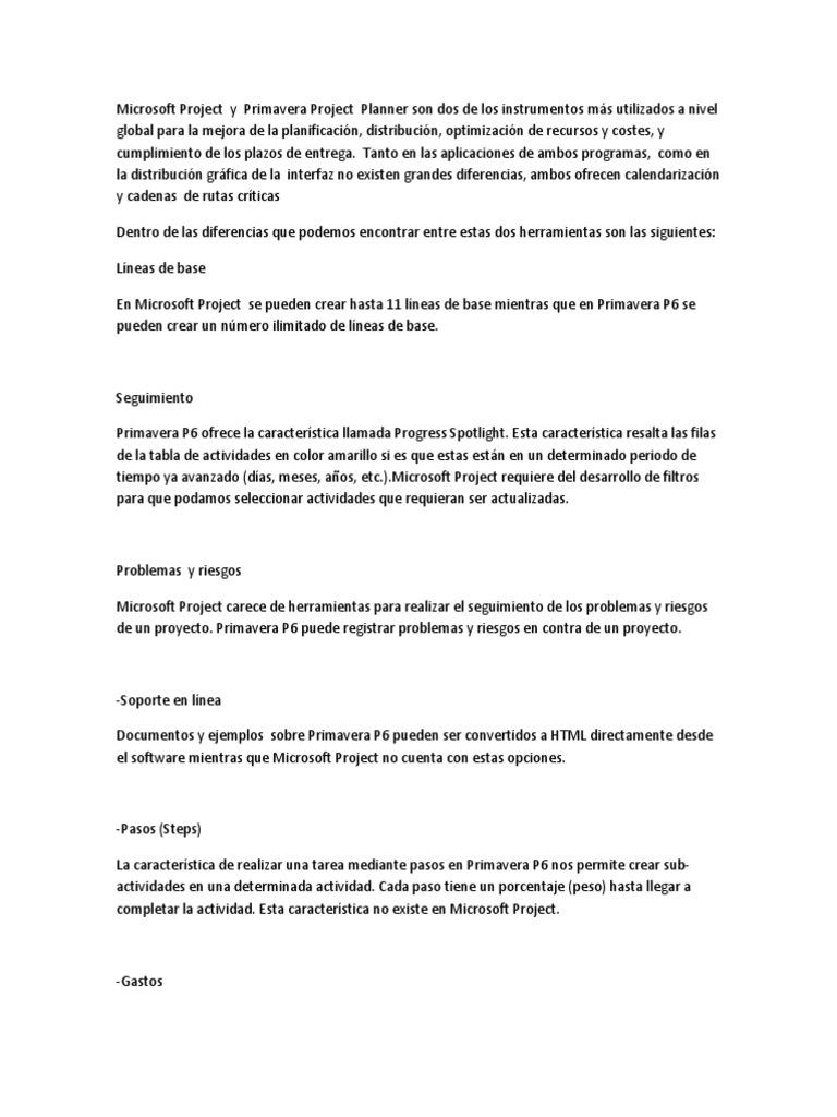 Diferencias MS Project y Primavera | PDF | Microsoft | Software