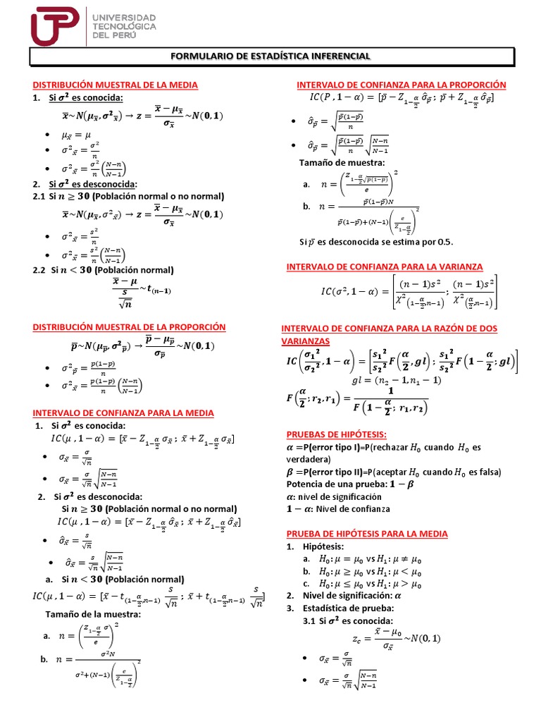 Formulario de Estadística Inferencial Para Examen Final.pdf Coordincion | Intervalo de confianza ...