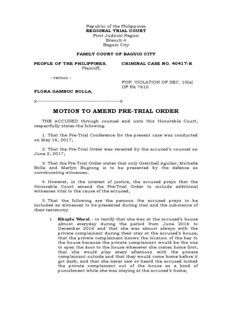 Motion to Amend Pre-Trial Order | PDF | Witness | Lawsuit