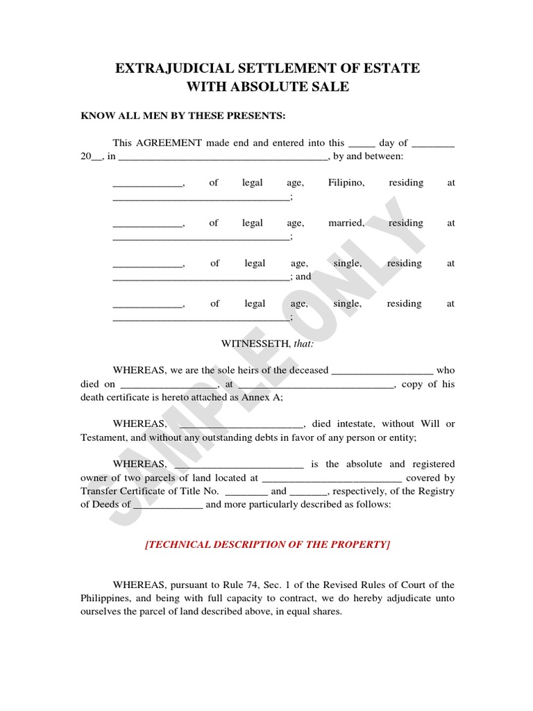 Extrajudicial Settlement of Estate With Absolute Sale1 | PDF | Deed | Civil Law (Legal System)