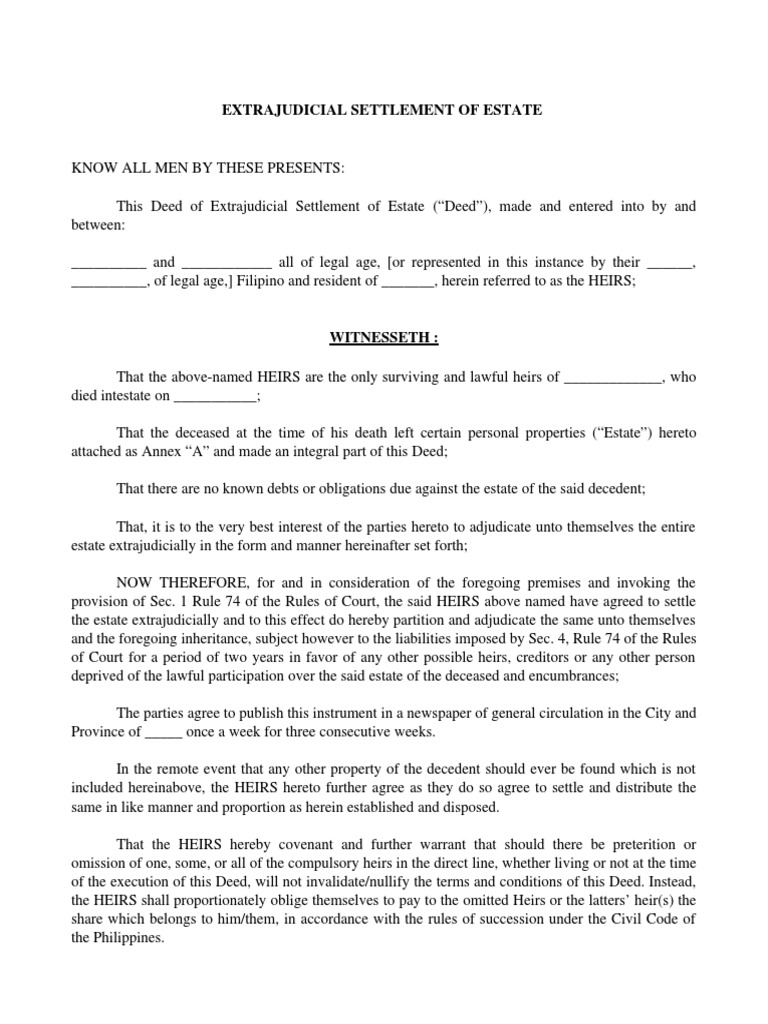 Extrajudicial Settlement of Estate Template 2 | Download Free PDF ...