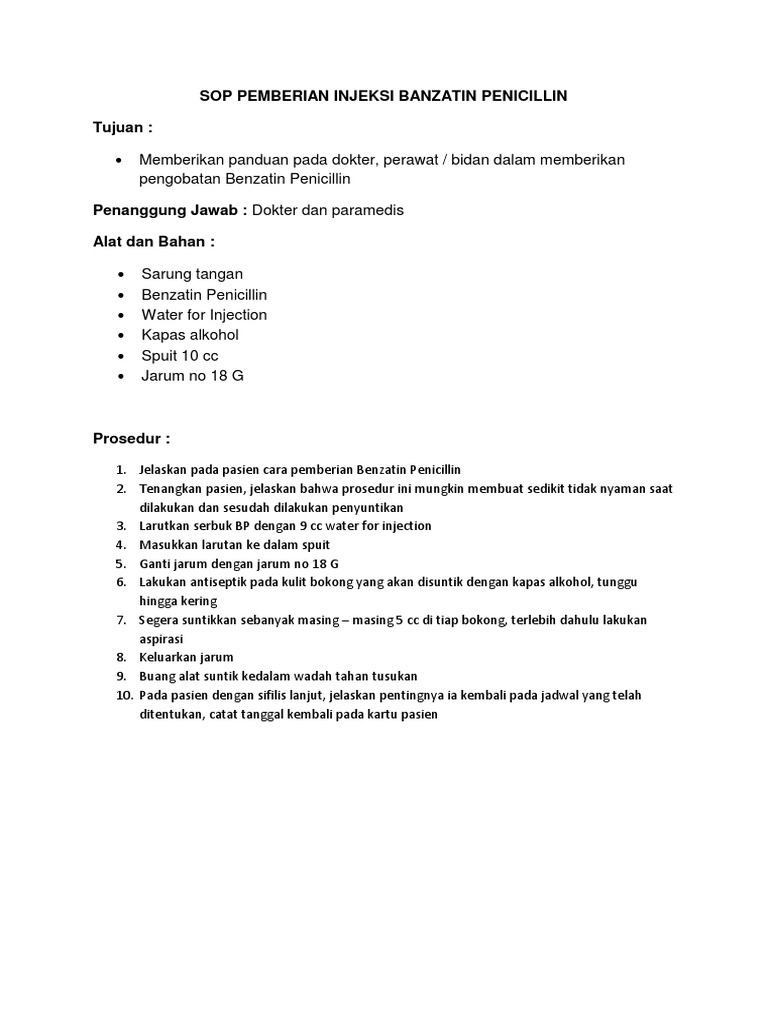 STANDAR OPERASIONAL PROSEDUR PENYUNTIKAN BENZATIN PENISILIN | PDF
