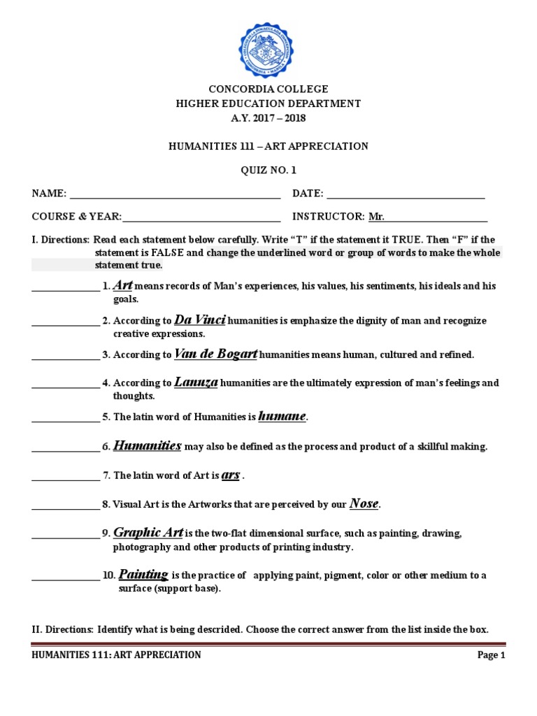 Humanities 111 Art Appreciation Quiz # 1 | PDF | Paintings | Humanities