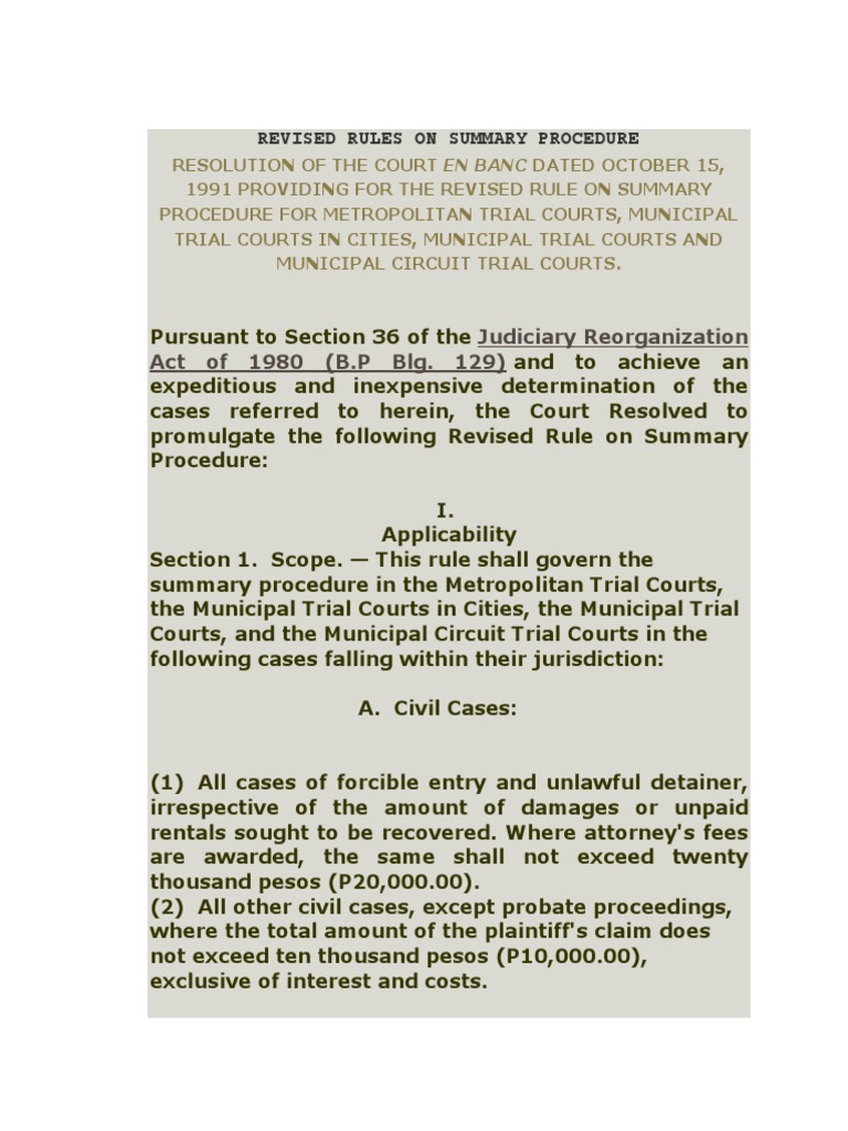 Revised Rules On Summary Procedure | PDF | Complaint | Pleading