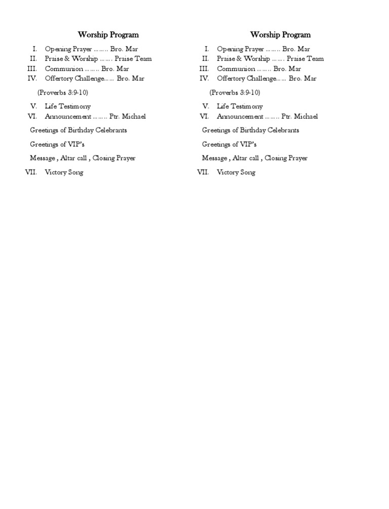 A Worship Service Program Outline Focused on Prayer, Praise, Communion ...