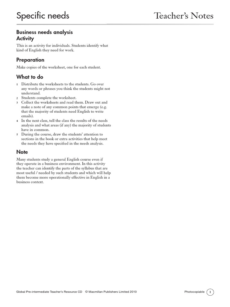 Specific Needs Teacher's Notes: Business Needs Analysis Activity | PDF ...