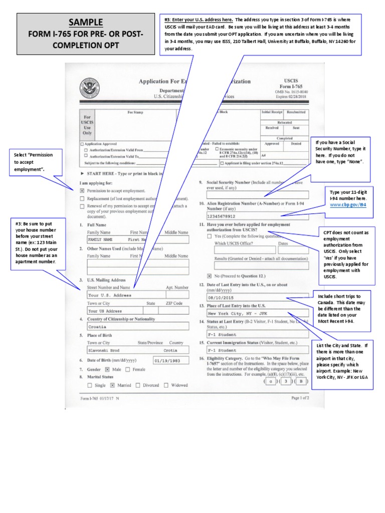 Sample: Form I 765 For Pre or Post Completion Opt | Download Free PDF ...