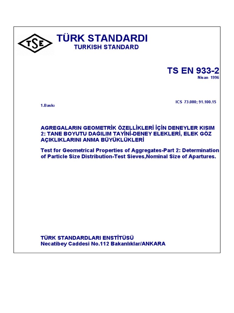 Ts-En-933-2 Agregaların Geometrik Özellikleri İçin Deneyler - Elek ...