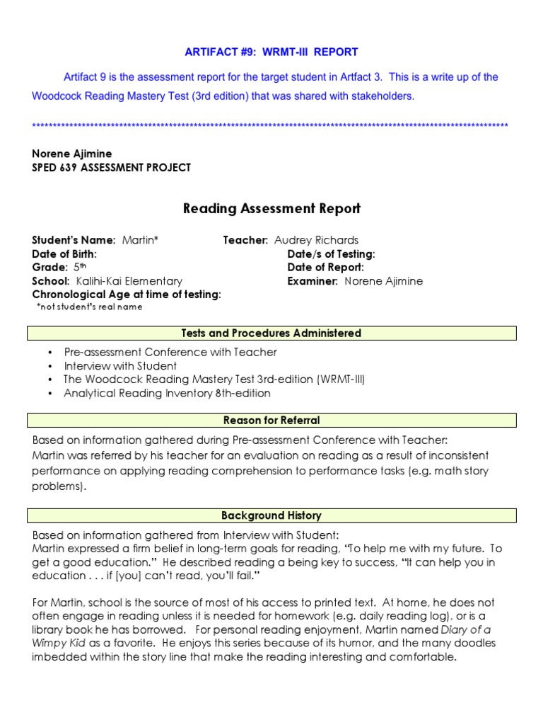 WRMT-III Reading Assessment Report | PDF | Reading Comprehension ...