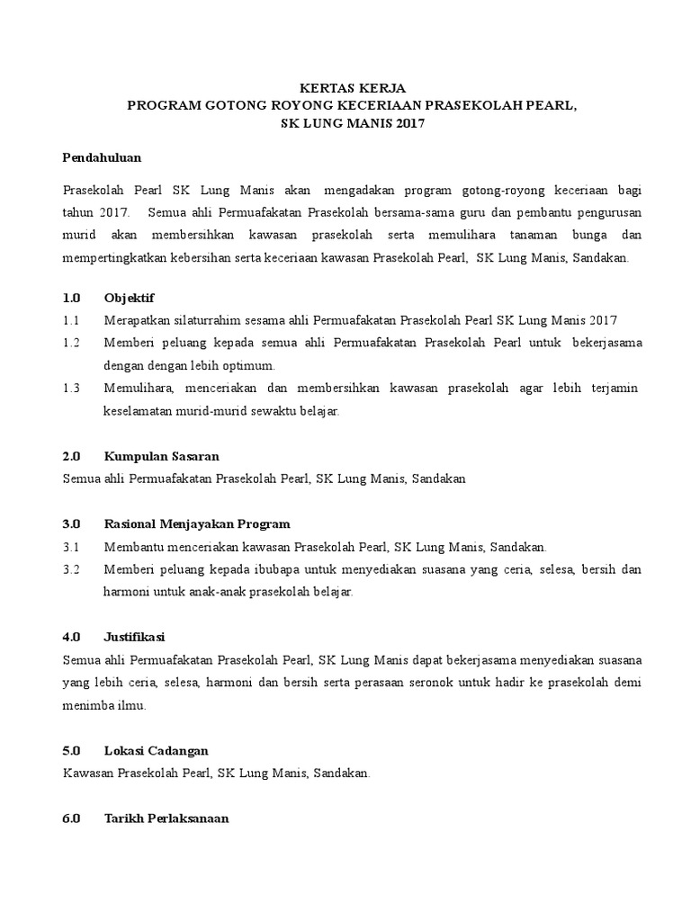 Kertas Kerja Keceriaan Prasekolah Pearl SK Lung Manis 2017 | PDF