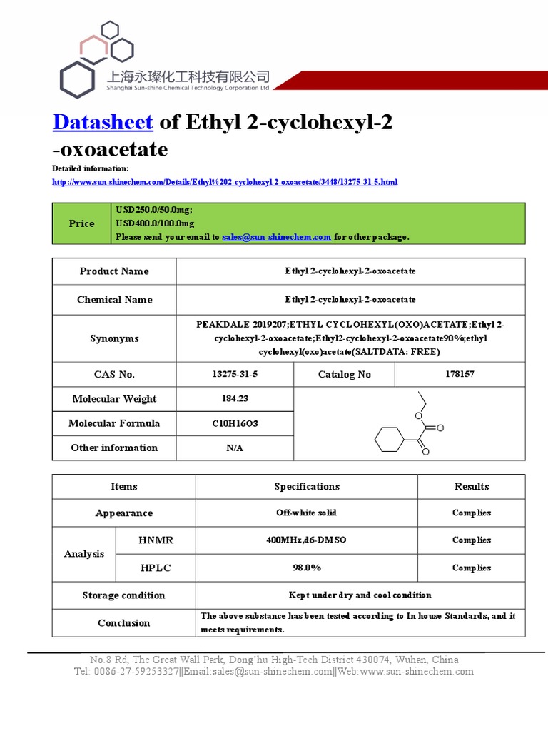 Datasheet of Ethyl 2 Cyclohexyl 2 Oxoacetate - CAS 13275-31-5 | PDF