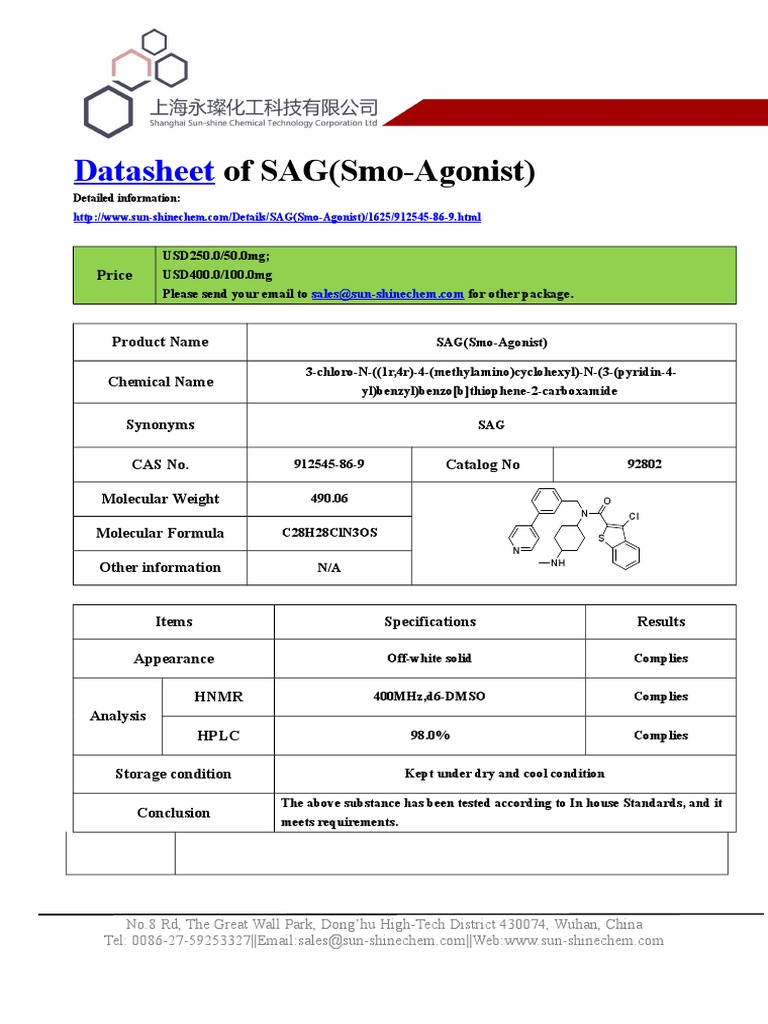 Datasheet: of SAG (Smo-Agonist) | PDF | Life Sciences | Signal Transduction
