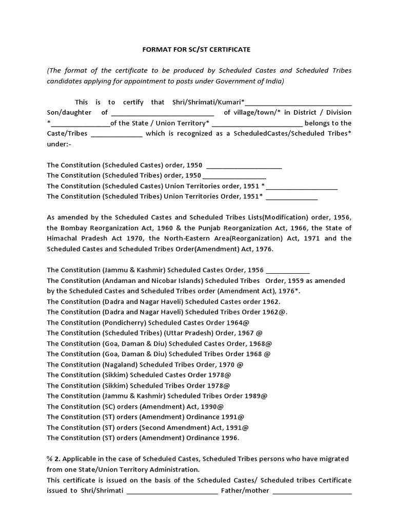 OFRC Formats of SC ST Certificate | Government Of India | Government