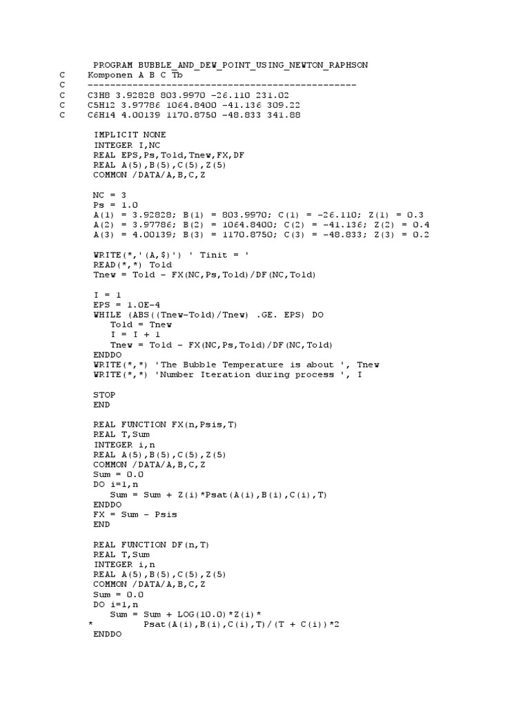 Fortran Programming Language For Antoine Equation (Finding Bubble and ...