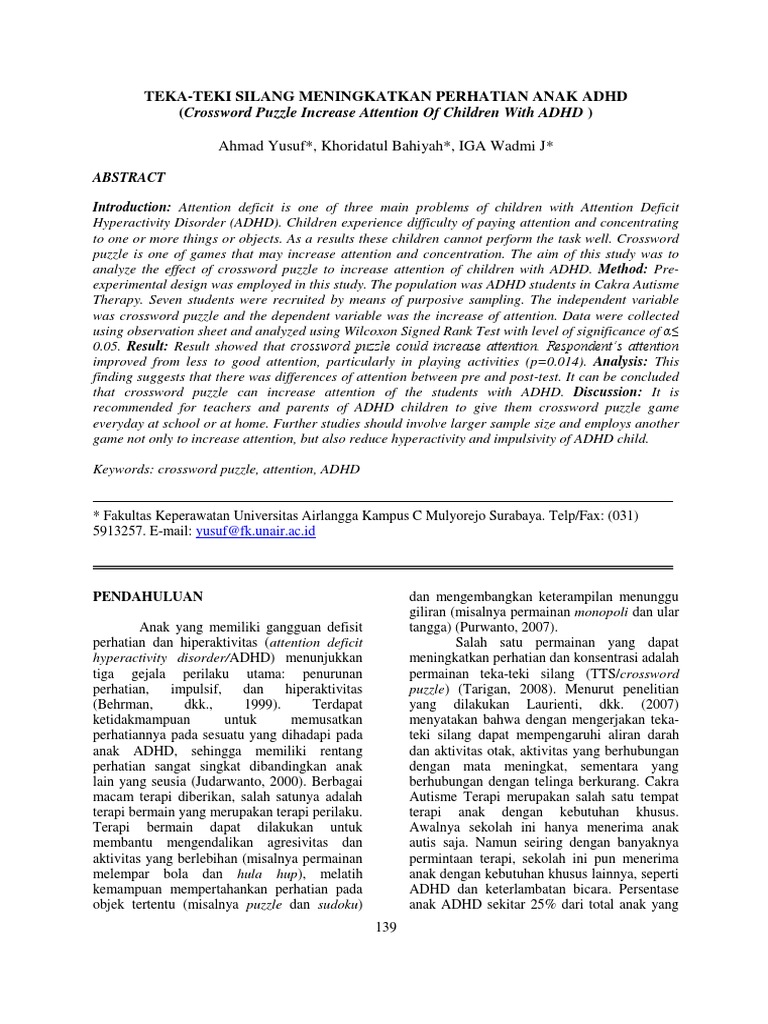 Crossword Puzzle Increase Attention Of Children With Adhd Pdf