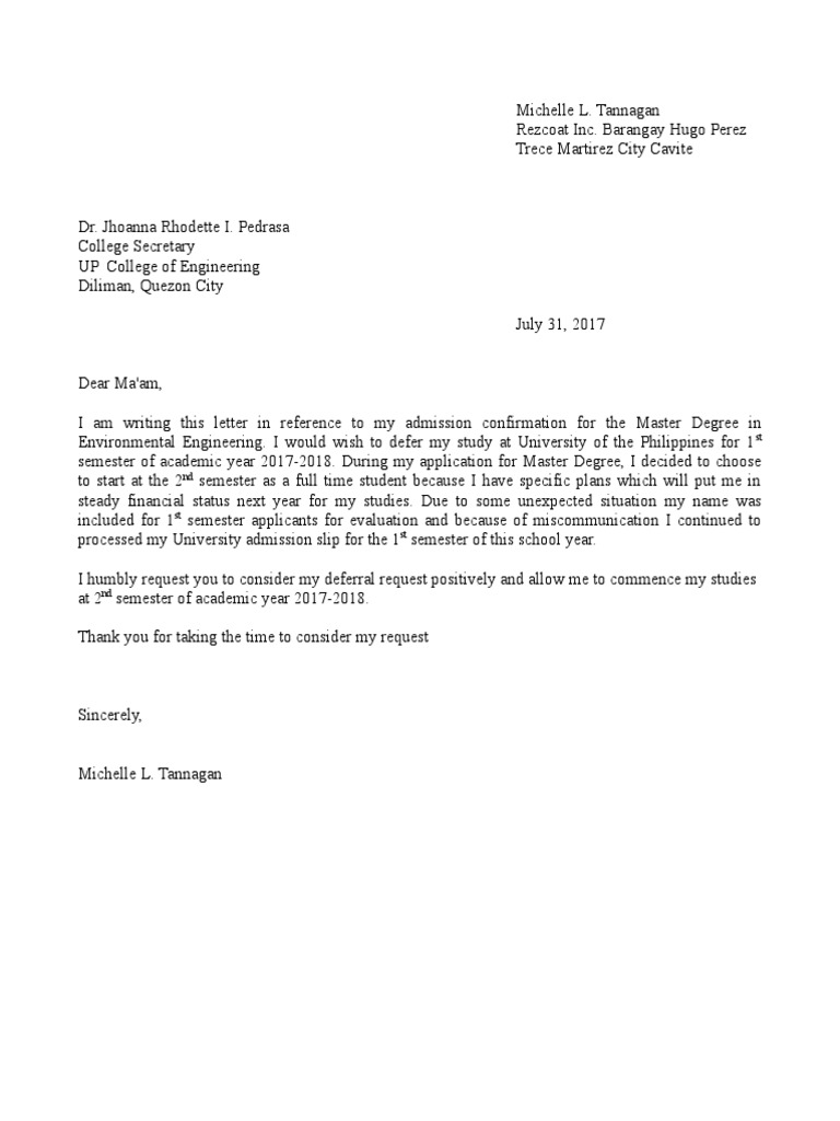 Admission Deferral Request Letter | PDF