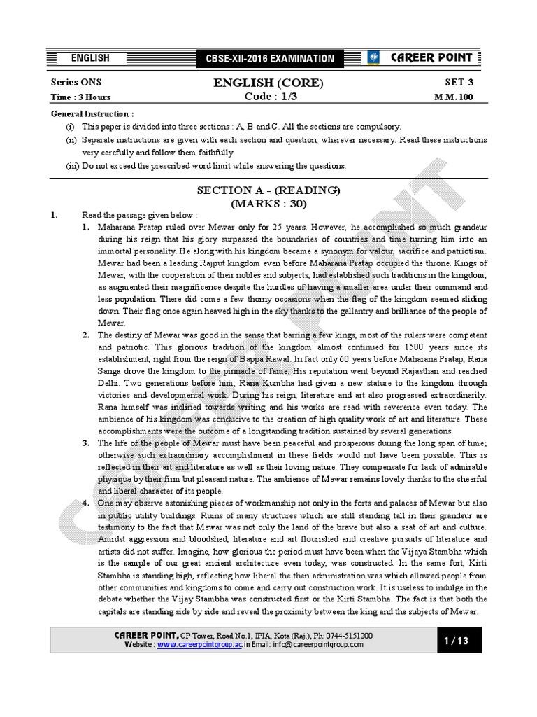 CBSE Board XII English - Paper and Solution | PDF | The Invisible Man ...