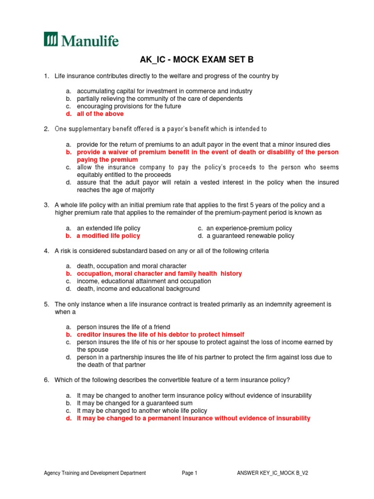 Life Insurance Exam Answer Key | PDF | Insurance | Life Insurance
