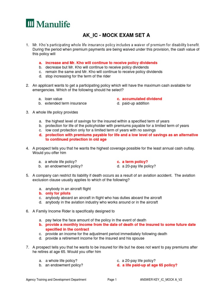 Answer Key - Ic - Mock Exam - Set A PDF | PDF | Life Insurance | Insurance