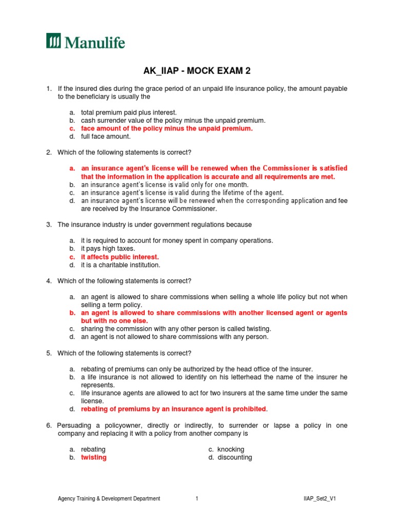 IIAP Mock Exam for Insurance Agents | PDF | Life Insurance | Insurance