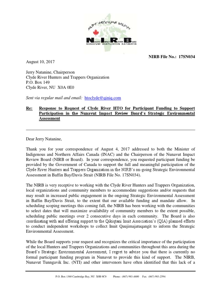 NIRB Letter To Clyde River HTO Re: Participant Funding | PDF ...