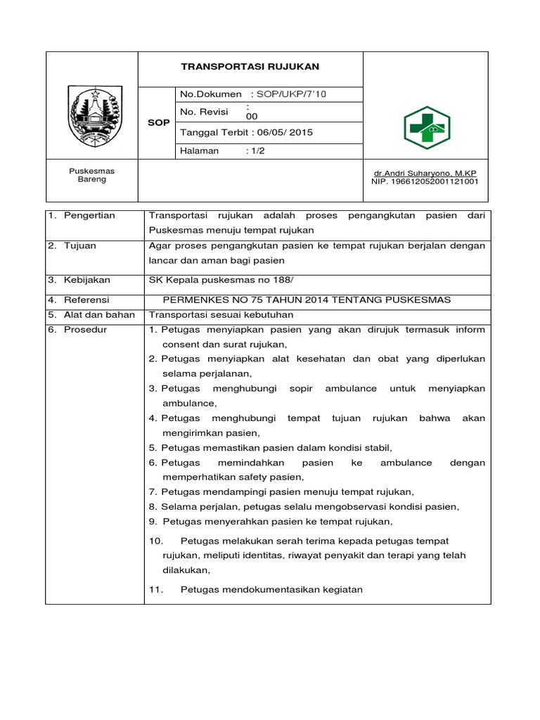 Sop Transportasi Rujukan | PDF