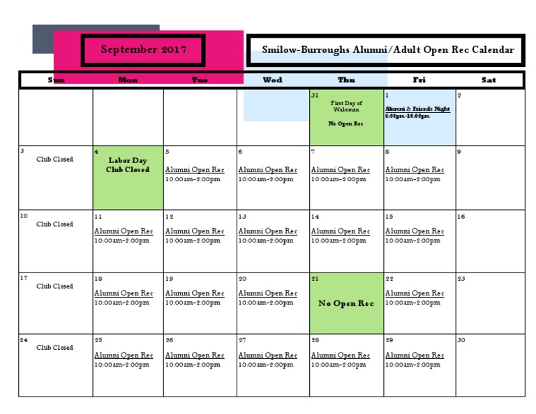 September Alumni Open Rec Calendar | PDF