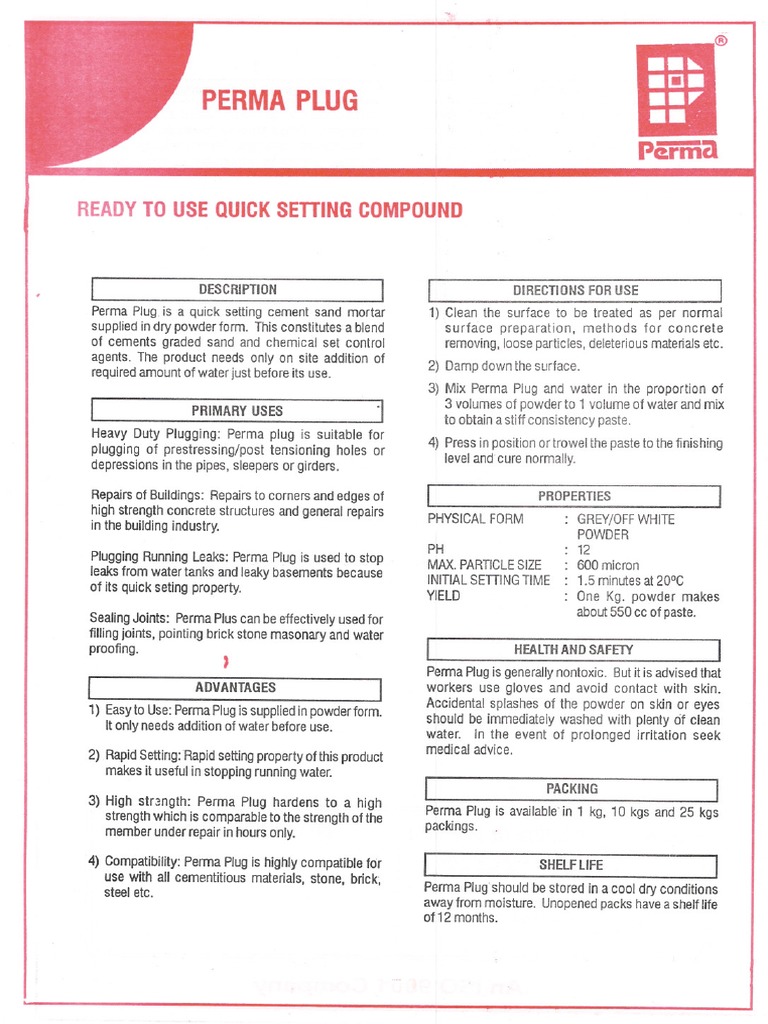 Permaplug: Readyto Usequicksettingcompound | PDF | Industries | Chemistry