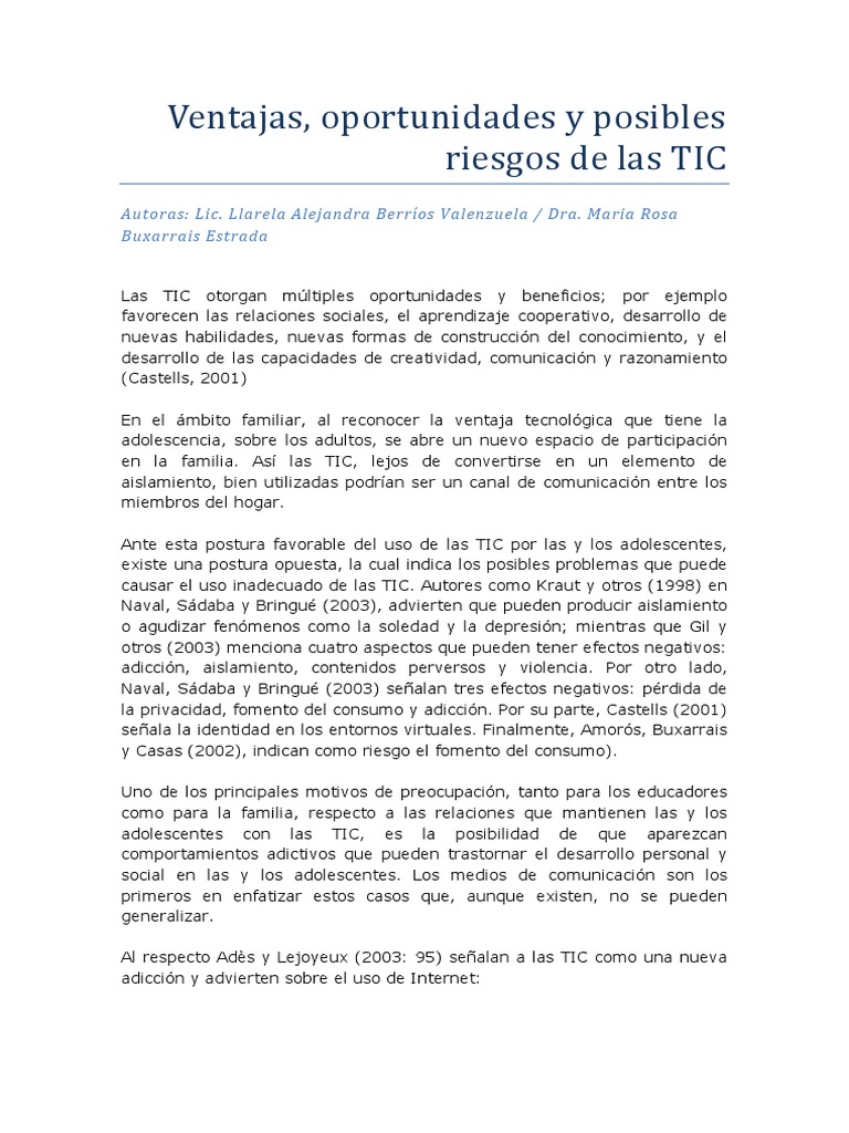 Ventajas, Oportunidades y Posibles Riesgos de Las TIC | PDF ...