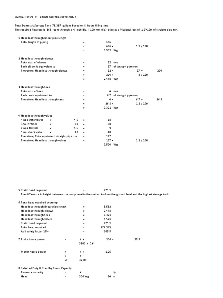 Hydraulic Calculation For Transfer Pump | PDF | Pump | Horsepower