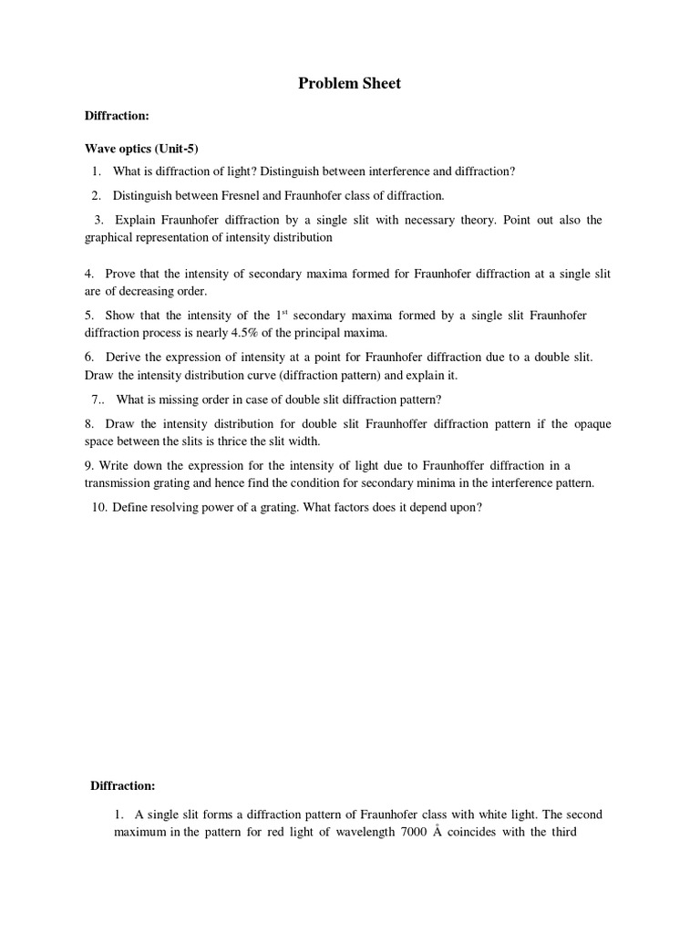 Problems On Diffraction | PDF | Diffraction | Wavelength