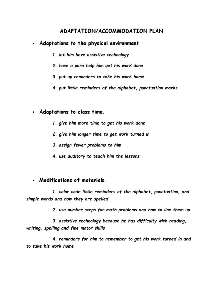 Adaptation/Accommodation Plan Adaptations To The Physical Environment | PDF