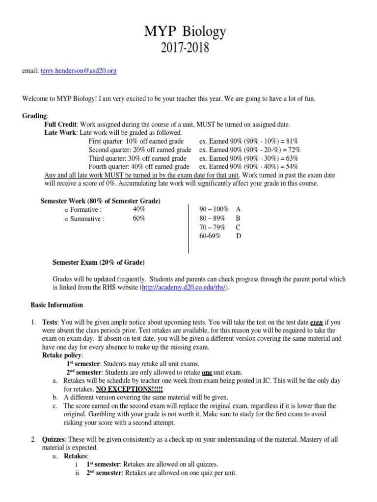 MYP Biology Syllabus 2017-2018 | PDF | Homework | Academic Dishonesty