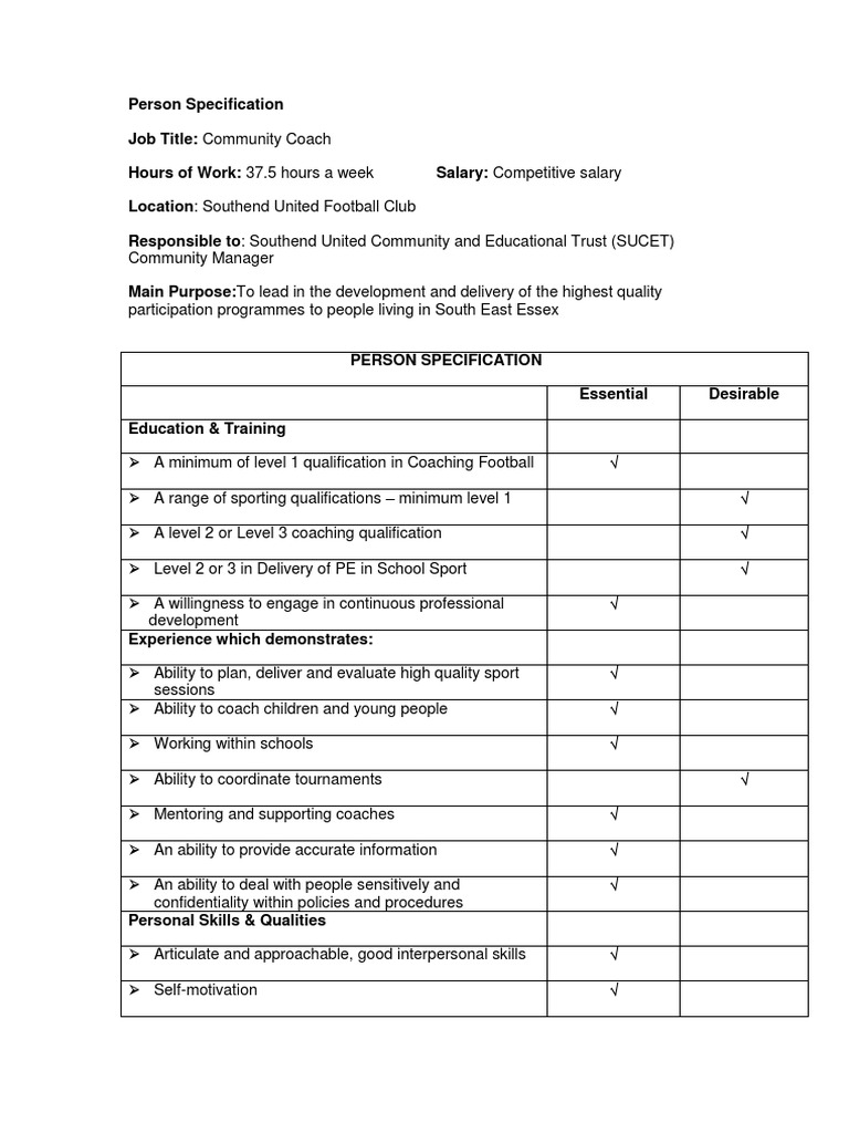 Community Coach Job Specification | PDF | Employment | Mentorship
