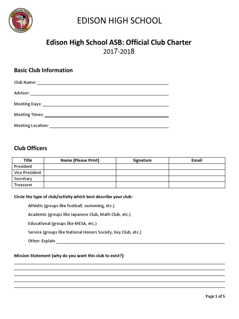 Edison High School ASB Club Charter 2017-2018 | PDF | Budget | Government