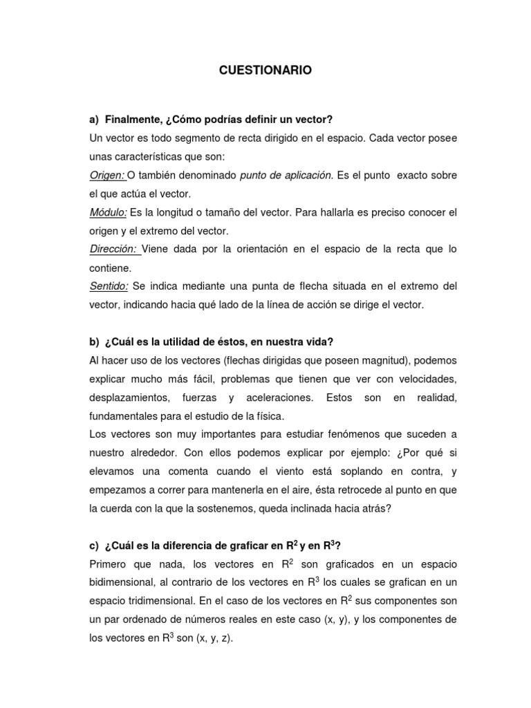 CUESTIONARIO Calculo Vectorial | PDF | Vector Euclidiano | Geometria plana)