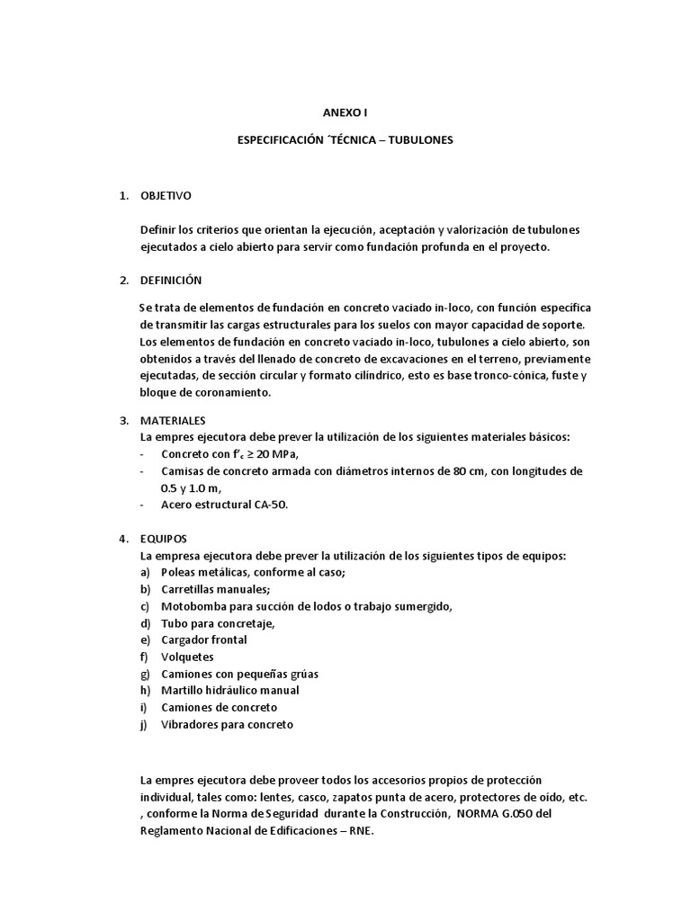 Especificaciones técnicas para la ejecución de tubulones como fundación ...