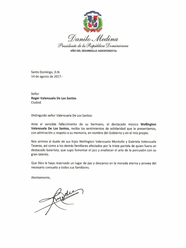 Carta de Condolencias Del Presidente Danilo Medina A Roger Valenzuela ...
