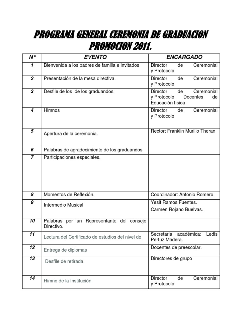 Formato De Muestra De Programa De Graduación Ejemplo DE Programa DE