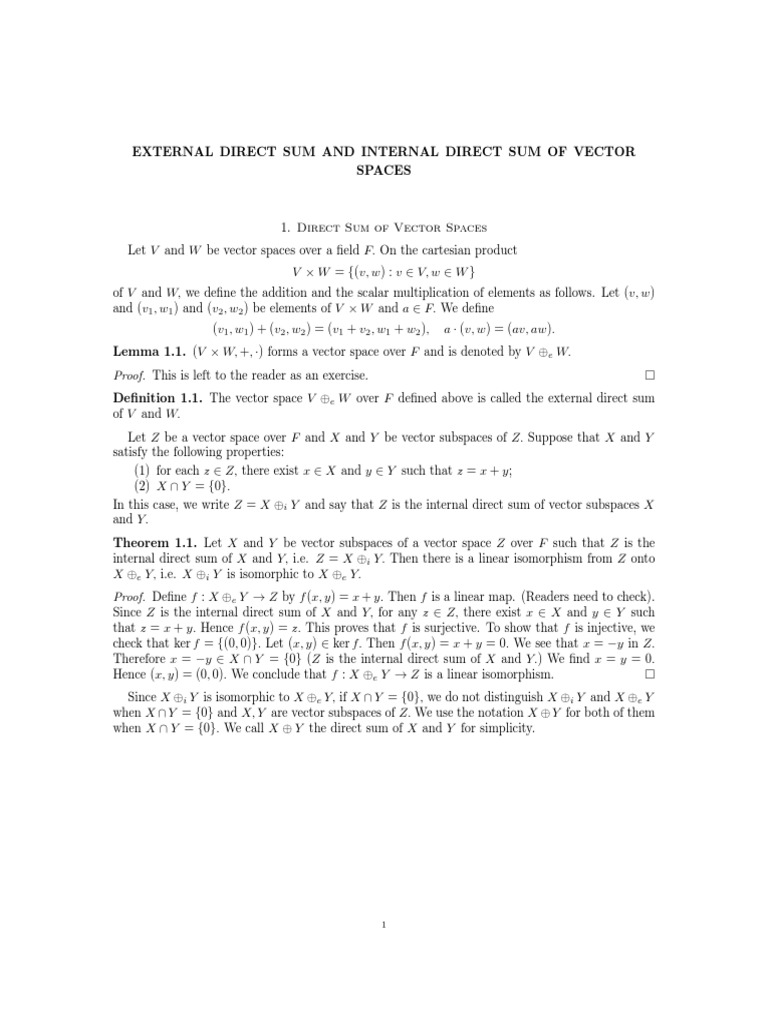 External Direct Sum and Internal Direct Sum of Vector | PDF | Teaching ...