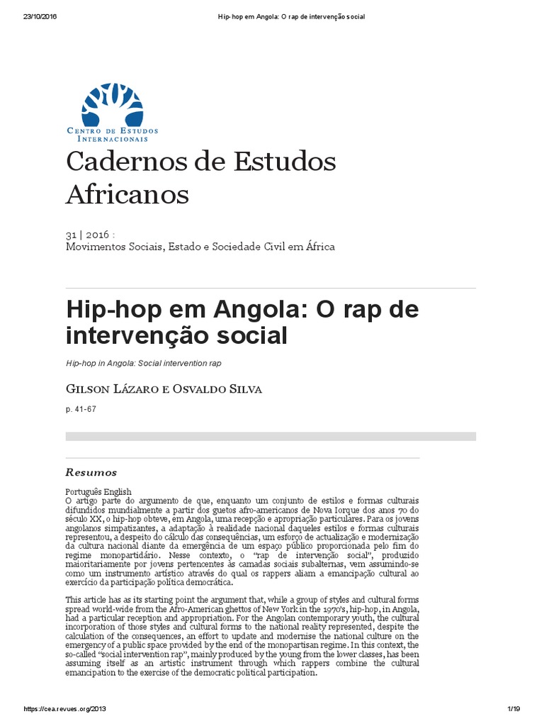Hip-Hop em Angola - O Rap de Intervenção Social PDF | PDF | Angola ...