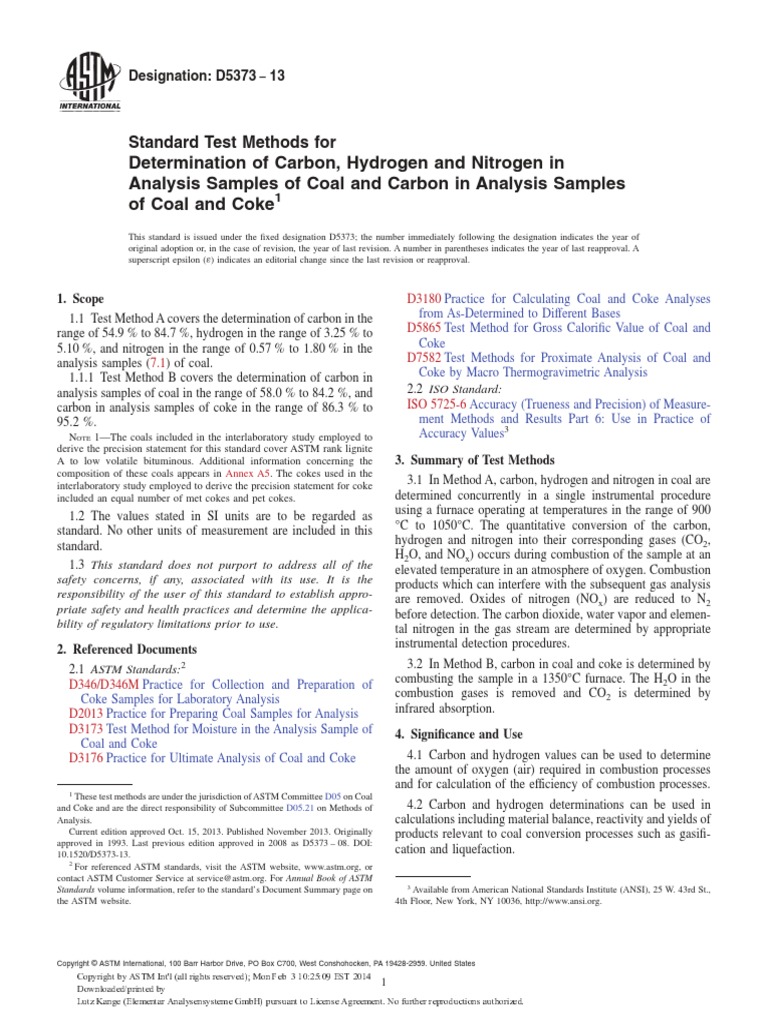ASTM D5373-13 - CHN in Coal and Coke-3 | PDF | Combustion | Carbon