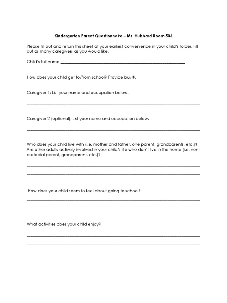 Kindergarten Parent Questionnaire | PDF | Caregiver | Temperament
