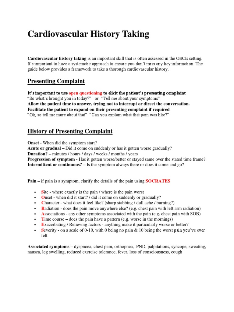 Cardiovascular History Guide | PDF | Pain | Hypertension