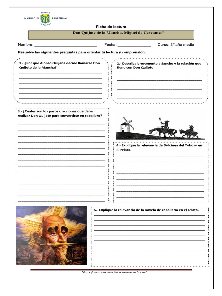 Ficha de Lectura Don Quijote de La Mancha 3° Medio | PDF | Don Quijote ...