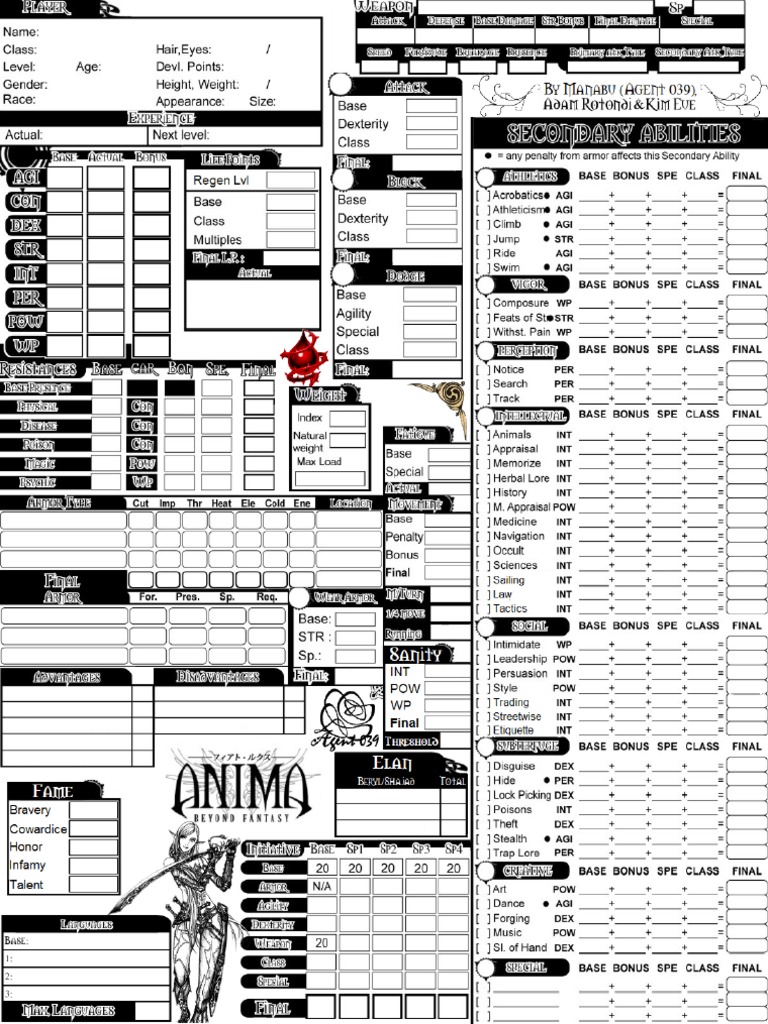 Manabu's Anima de Character and NPC Sheet - Editable 2 Final | PDF