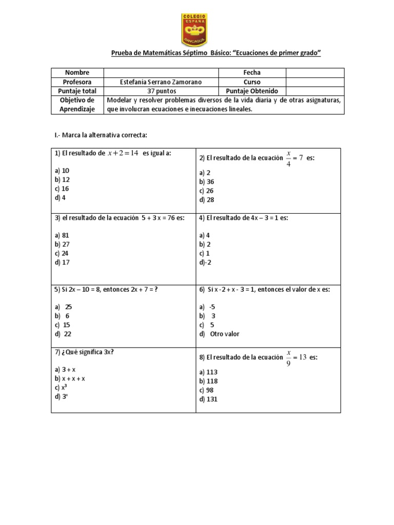 Prueba de Matemáticas Séptimo Básico Ecuaciones | PDF | Ecuaciones | Objetos matemáticos