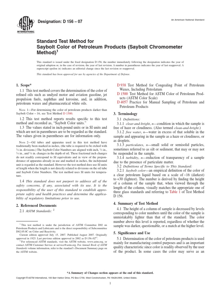 D156-Color Saybolt PDF | Download Free PDF | Aperture | Petroleum