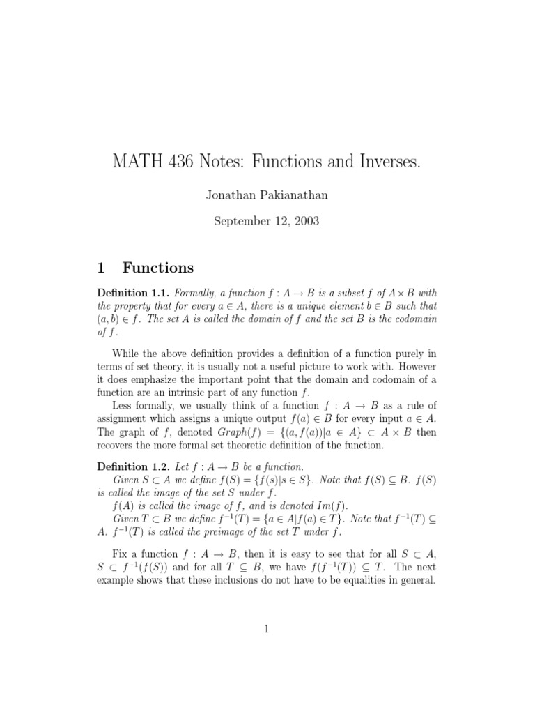 MATH 436 Notes: Functions and Inverses | PDF