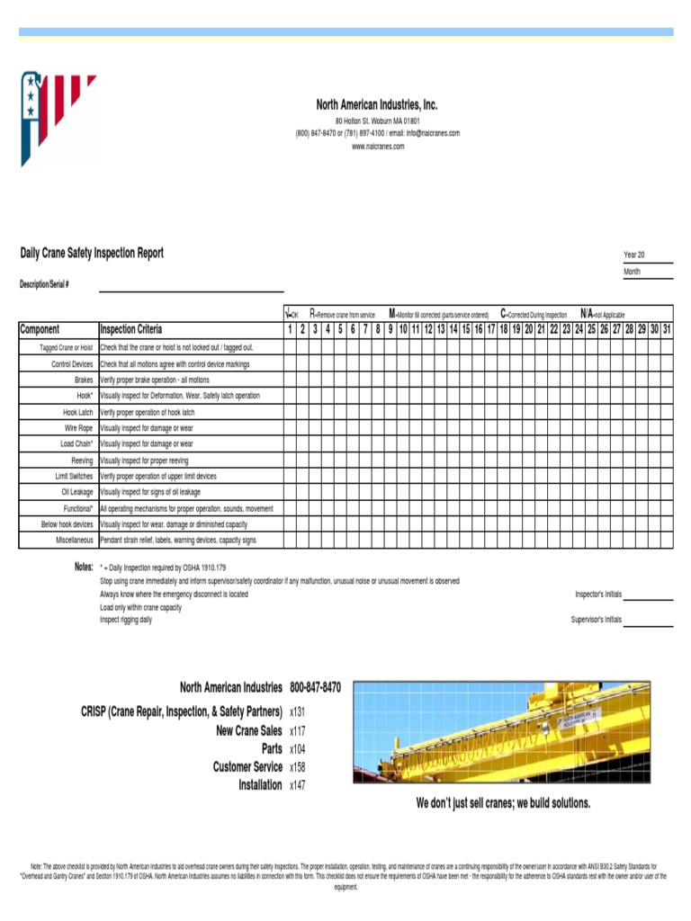 NAI Daily Inspection Form PDF | PDF | Crane (Machine) | Manufactured Goods
